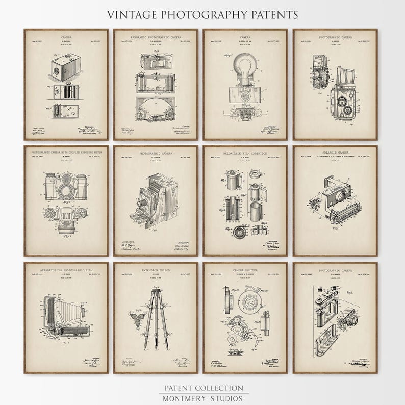 Vintage Photography Patent Prints, Polaroid Camera, Tripod, Flash, Lens ...