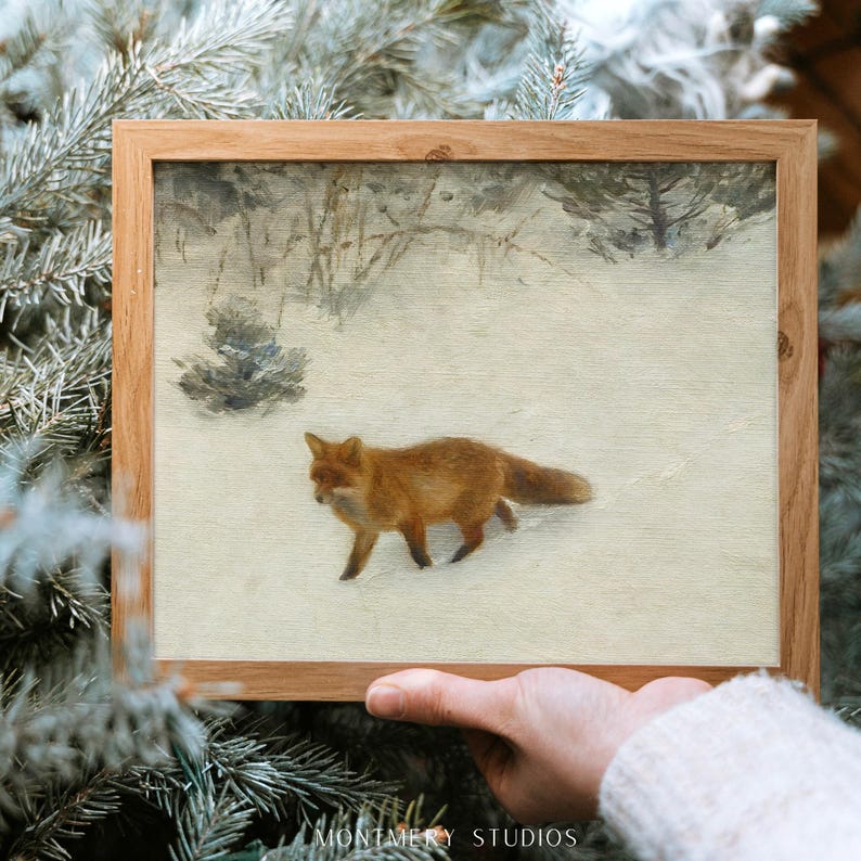 Fox in Snow Wall Art, Winter Woodland Animal Print, Muted Winter Oil ...