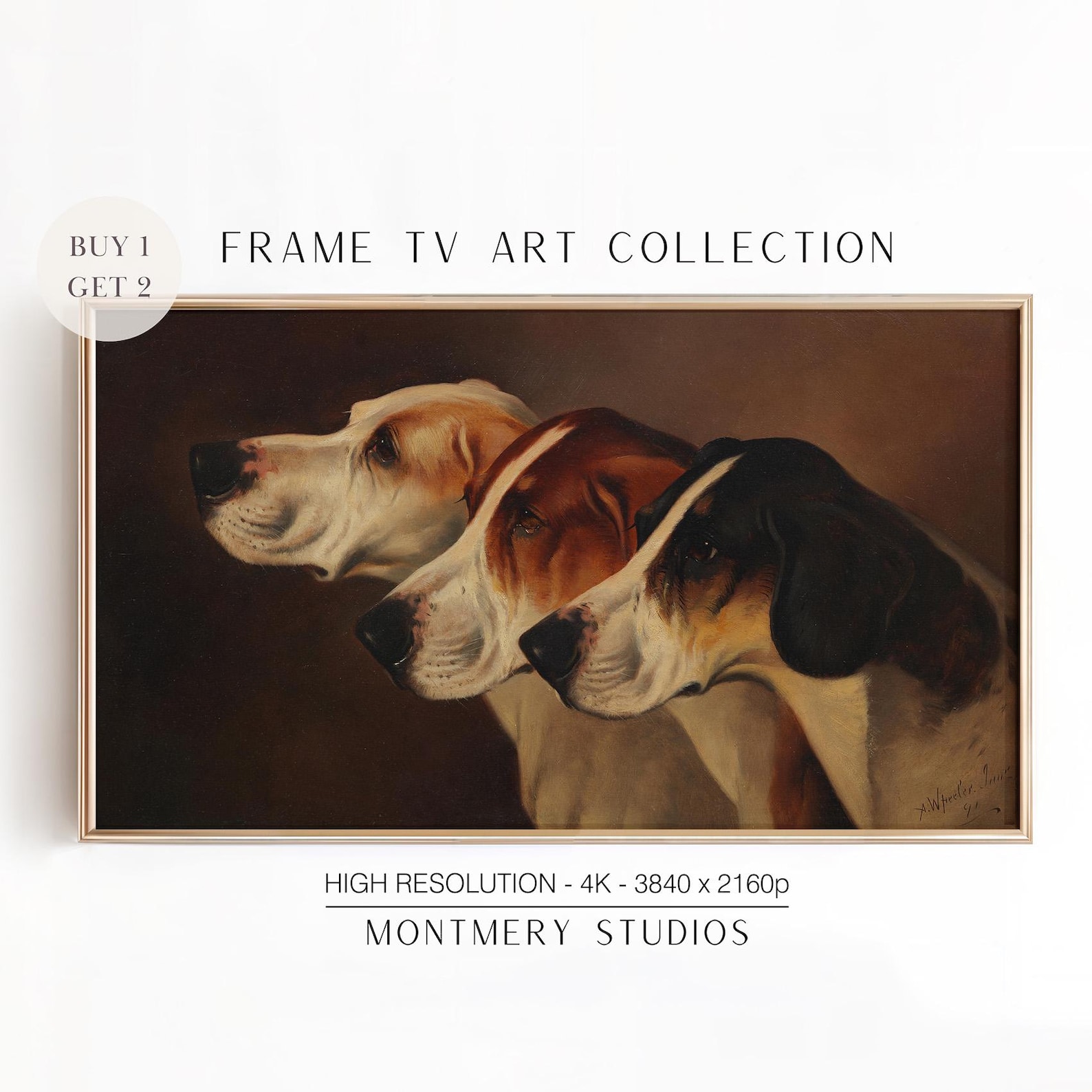 Hounds Frame TV Art, Portrait of Three Hounds, Hunting Dogs Art, Rustic ...
