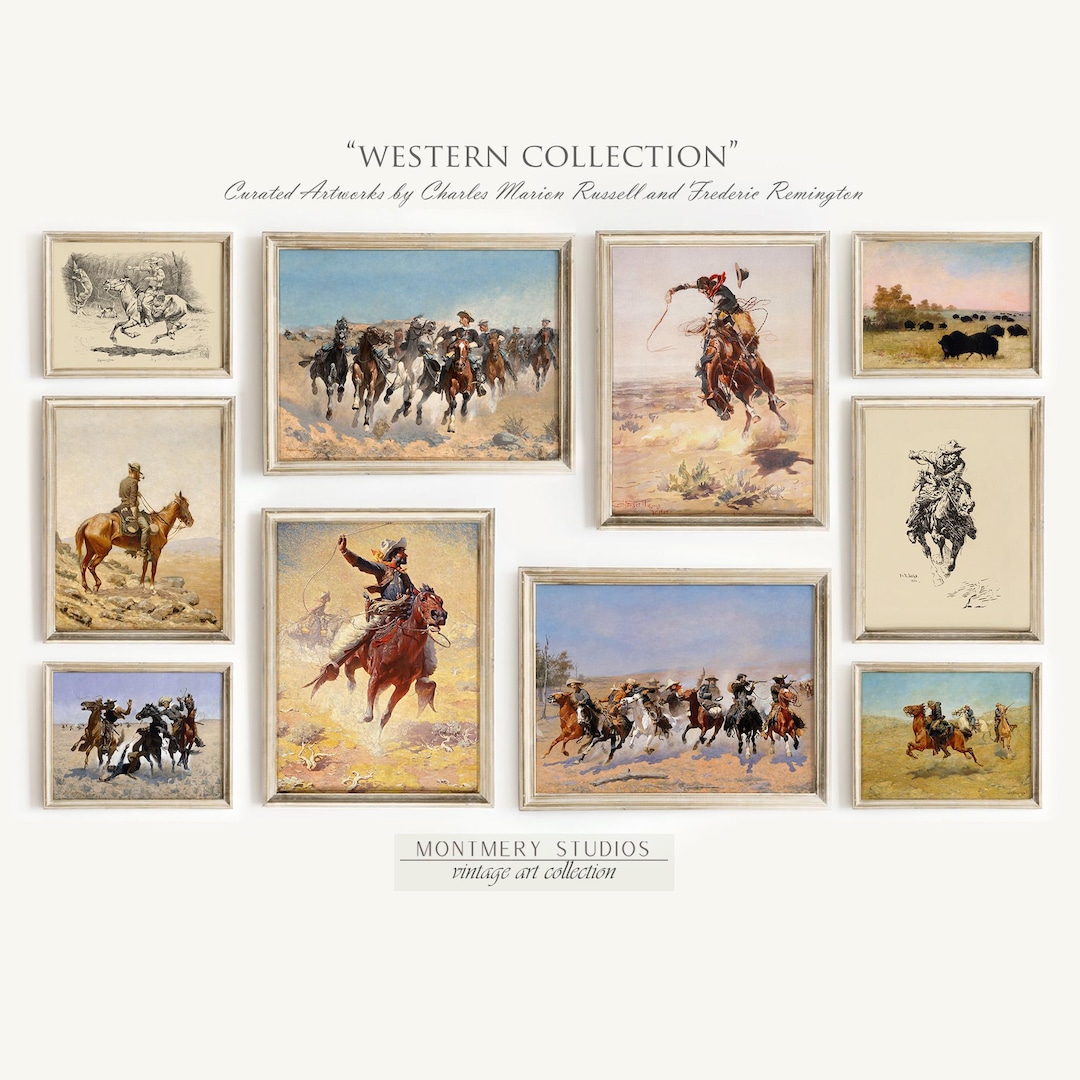 Western Prints Set of 10, Vintage Cowboy Artworks, Rustic Western Wall ...