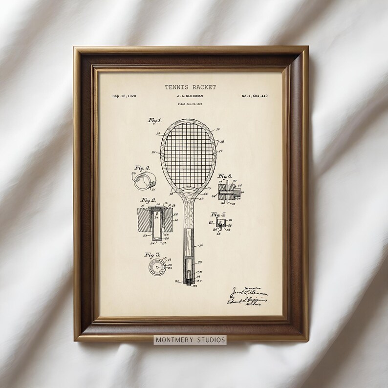 Tennis Patent Prints Set of 12, Vintage Tennis Wall Art, Tennis Racket ...