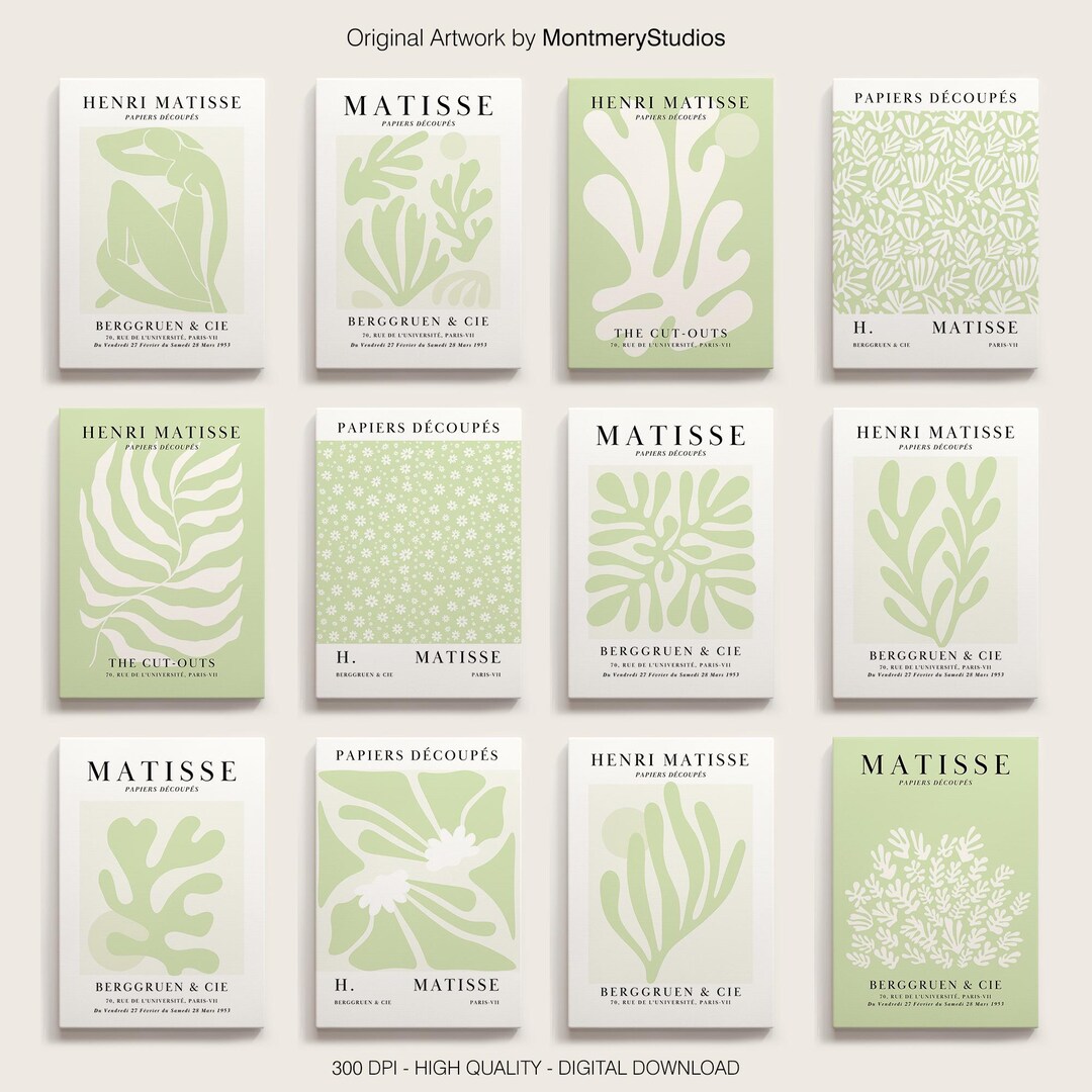 Matisse Lime Cream Wall Art Set of 12, Modern Green Botanical Prints ...