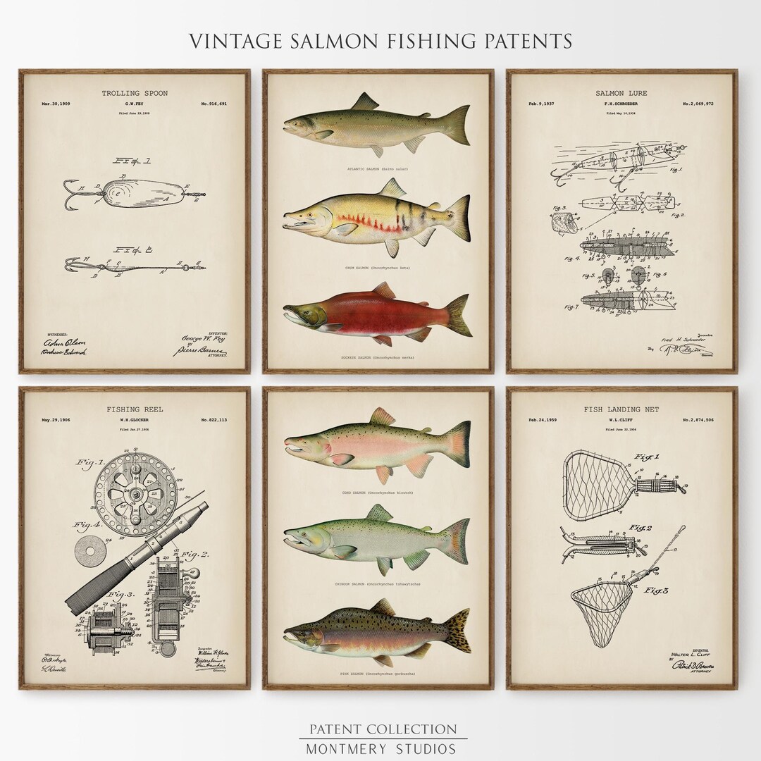 Salmon Fishing Patent Prints Set of 6, Vintage Fishing Patents, Chinook ...