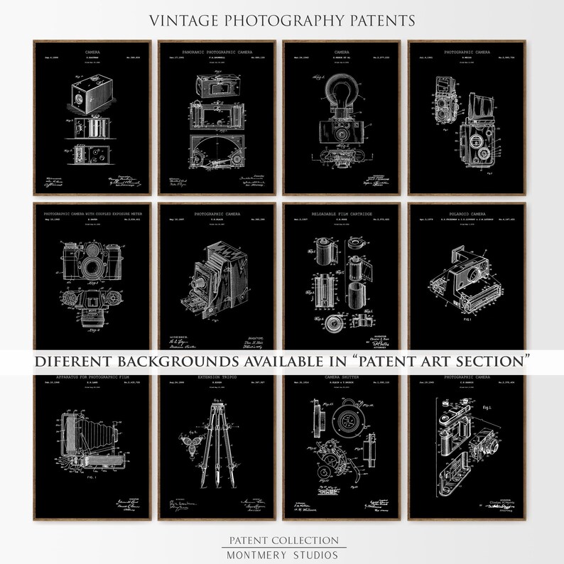 Vintage Photography Patent Prints, Polaroid Camera, Tripod, Flash, Lens ...