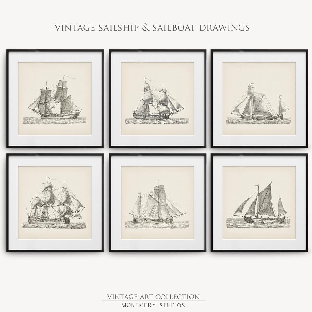 Vintage Sailboat Sketches Set of 6, Sailing Ship Etchings, Nautical ...
