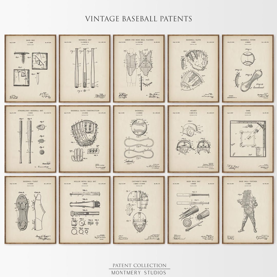 Baseball Patent Prints Set of 15, Vintage Baseball Wall Art, Retro ...