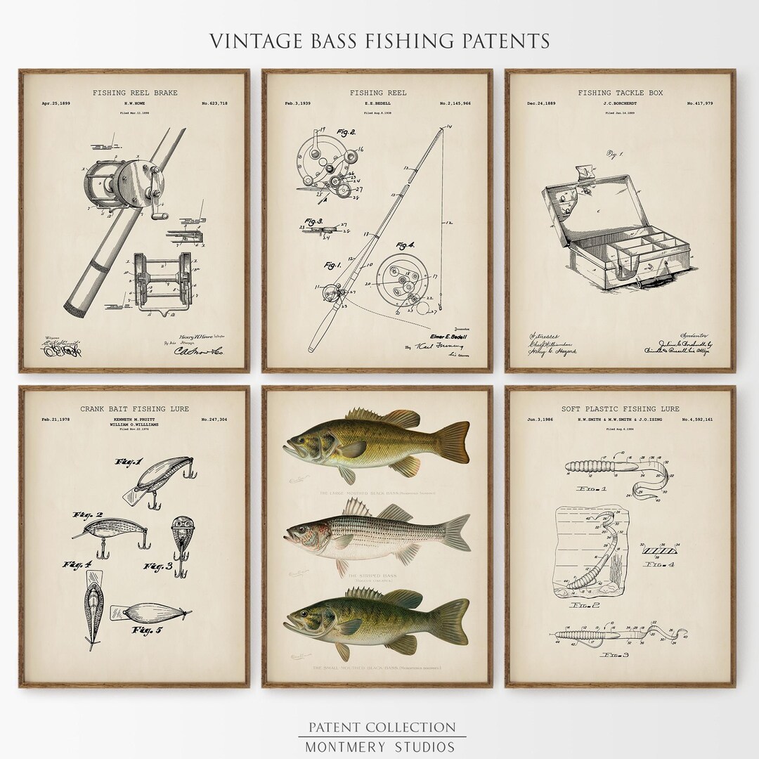 Bass Fishing Patent Prints Set of 6, Vintage Fishing Patents ...