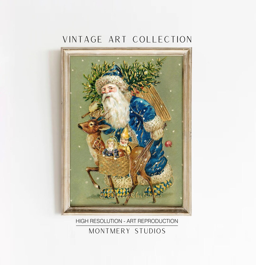 Vintage Santa Claus Wall Art, Rustic Christmas Postcard, Green Holiday ...