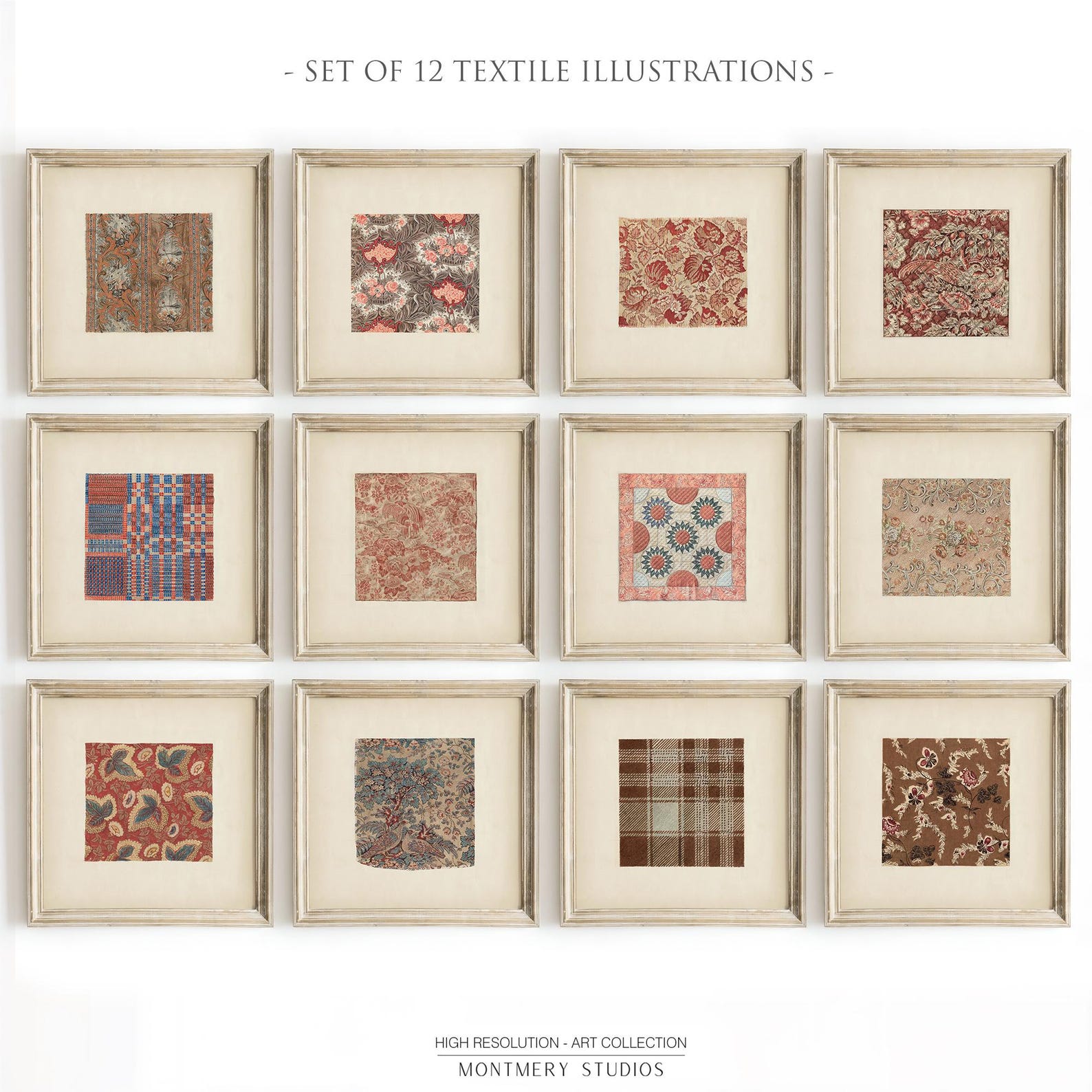 Vintage Square Textile Wall Art Set, Textile Prints, Tapestry Fabric ...