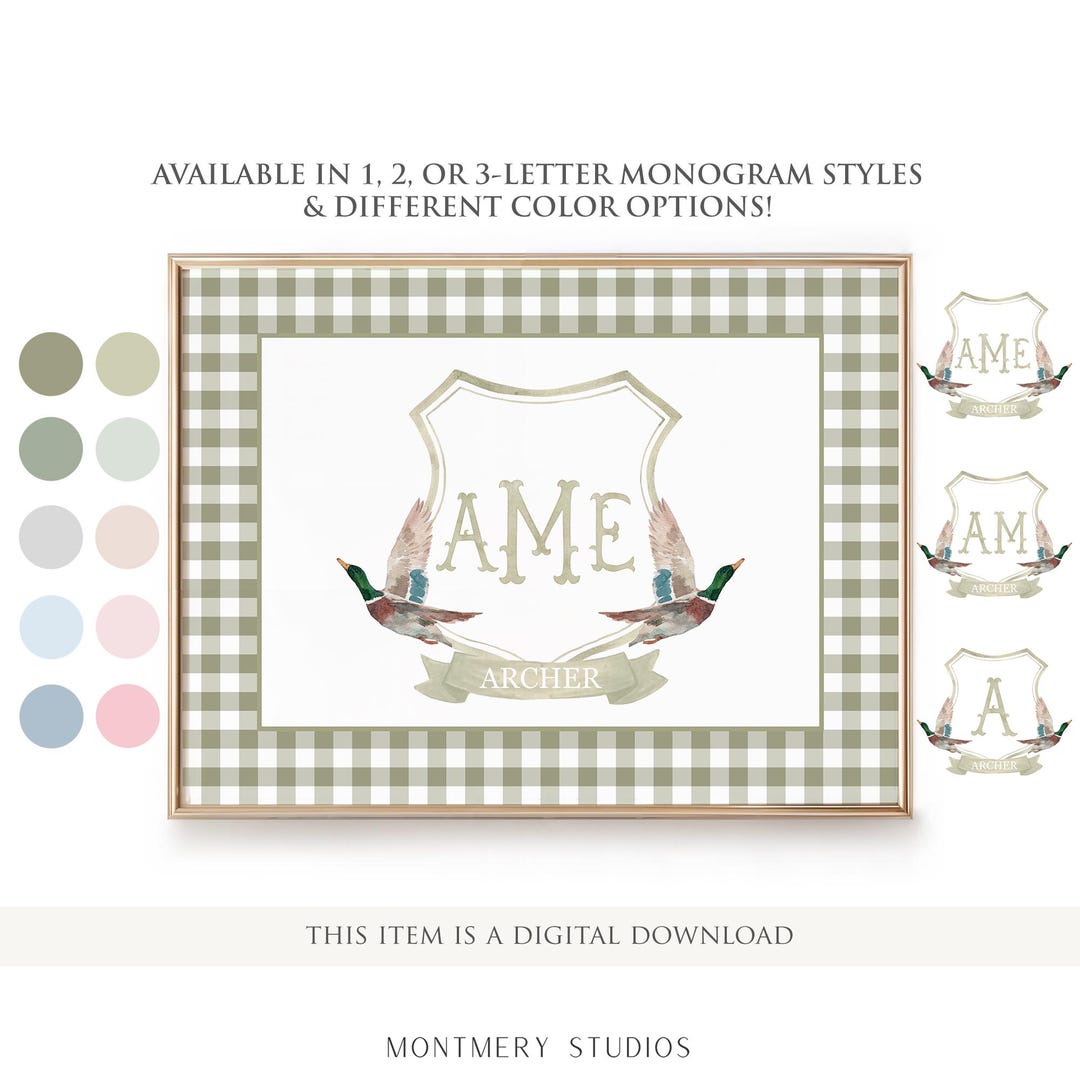 Mallard Duck Crest Monogram, Personalized Monogram Print for Nursery ...