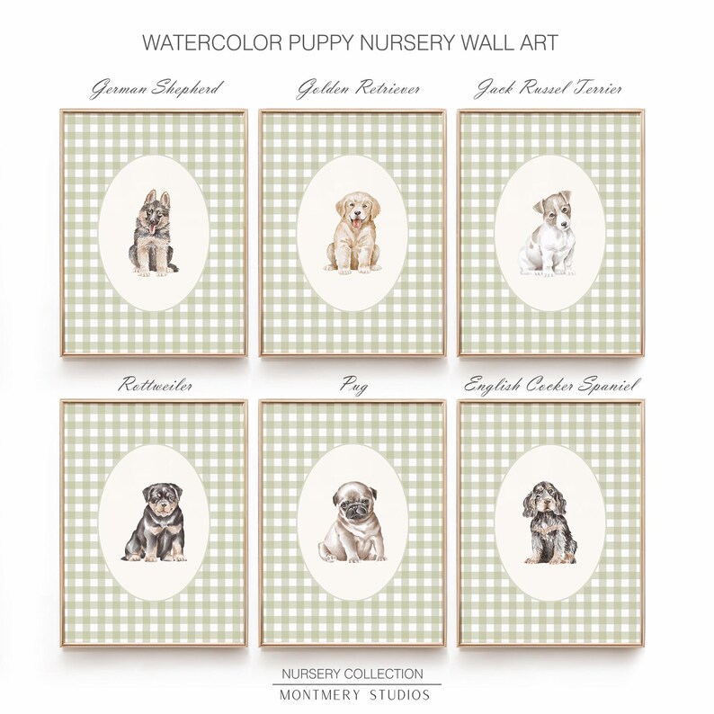 Puppy Nursery Wall Art Set, Sage Green Nursery Art, 20+ Dog Breeds ...