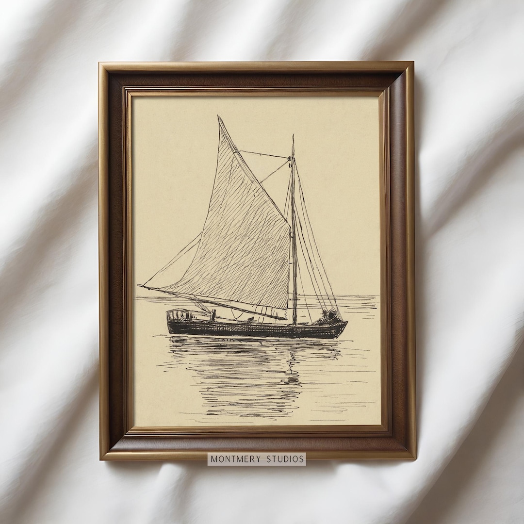Vintage Sailboat Sketch, Black and White Nautical Home Decor, Charcoal ...