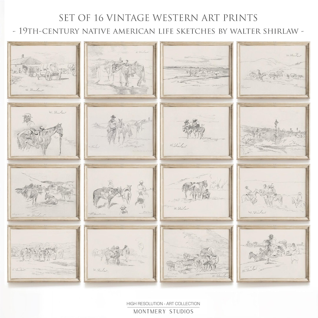 Vintage Western Art Prints, 16 Western Drawings by Walter Shirlaw, 19th ...