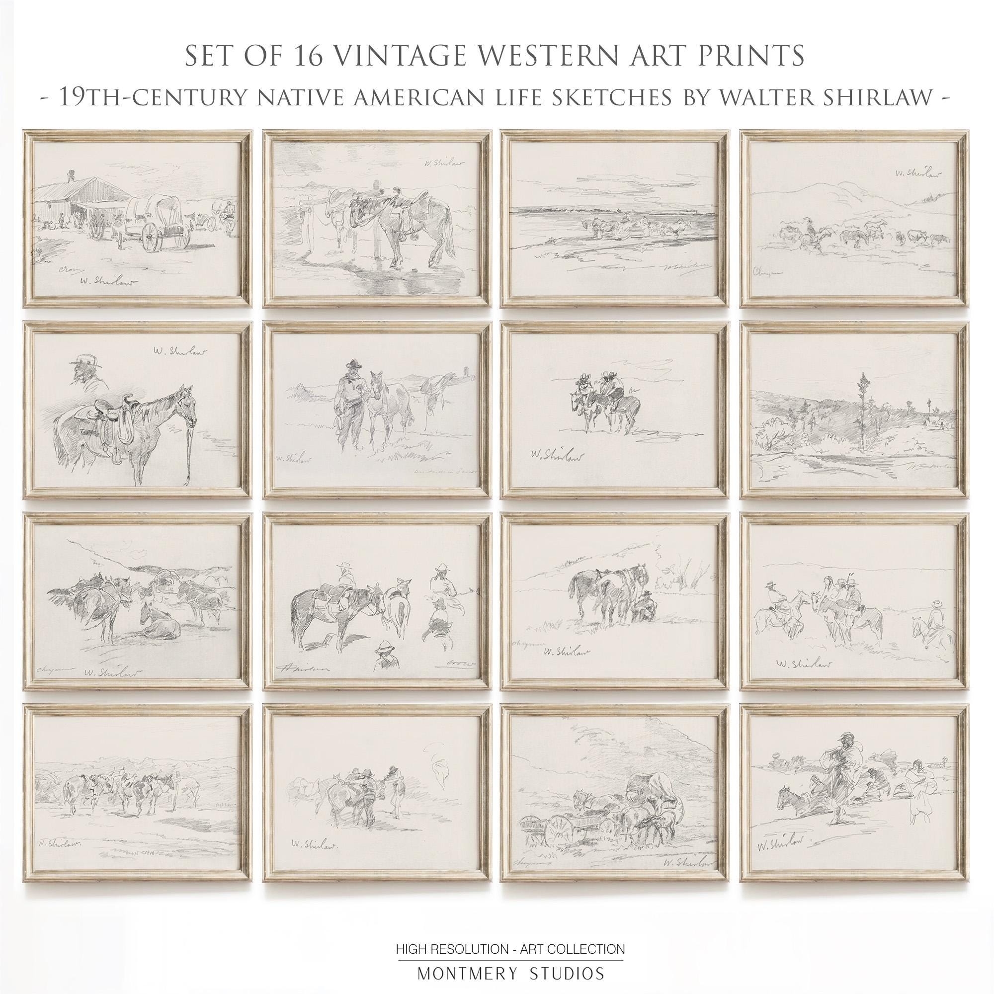 Vintage Western Art Prints, 16 Western Drawings by Walter Shirlaw, 19th ...