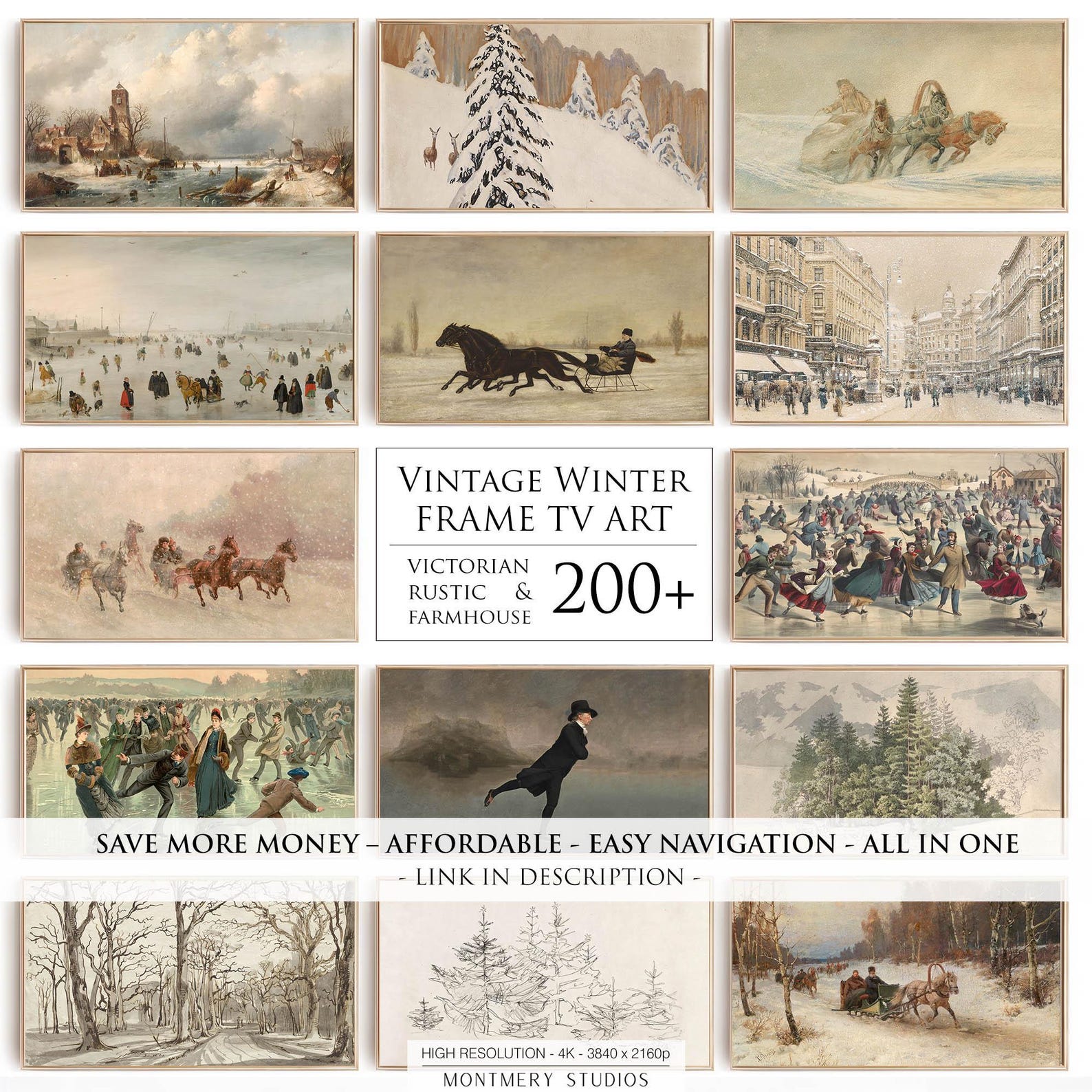 Moody Winter Scene TV Art, Vintage Village Art, Small Town in Snowy ...