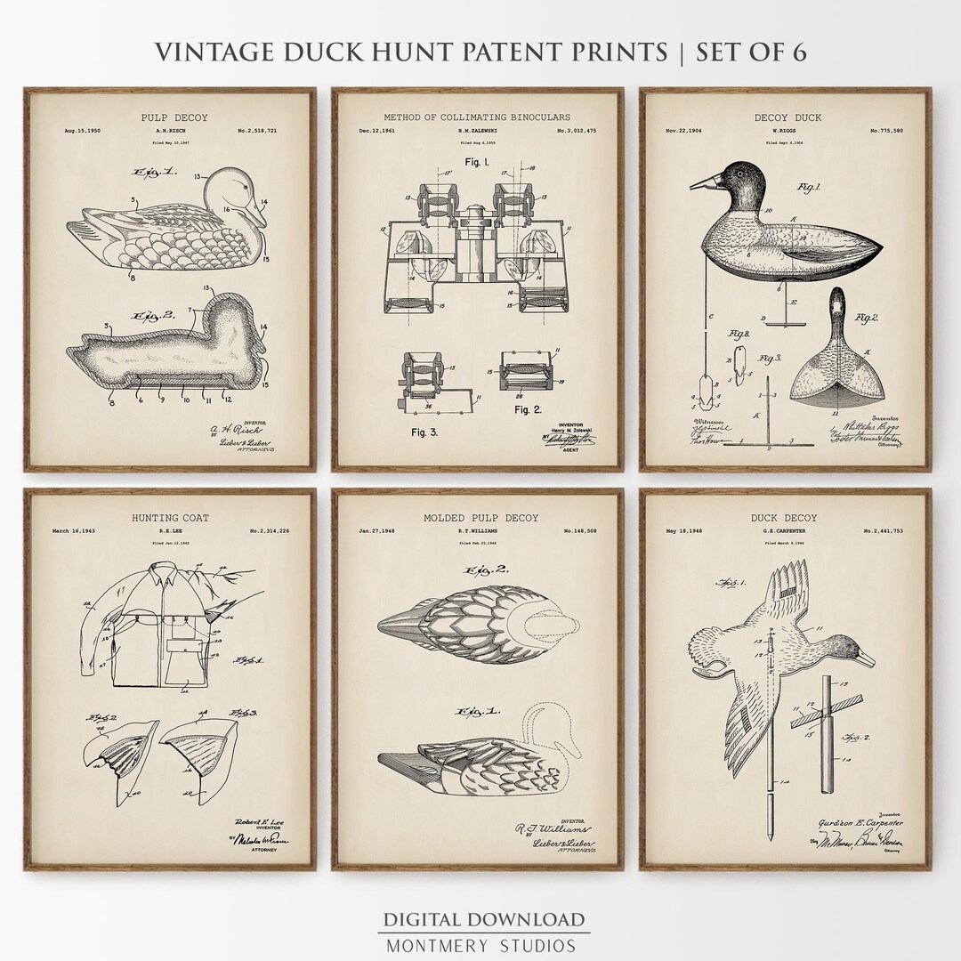 Duck Decoy Patent Prints, Mallard Hunting Lodge Decor, Rustic Cabin Art ...