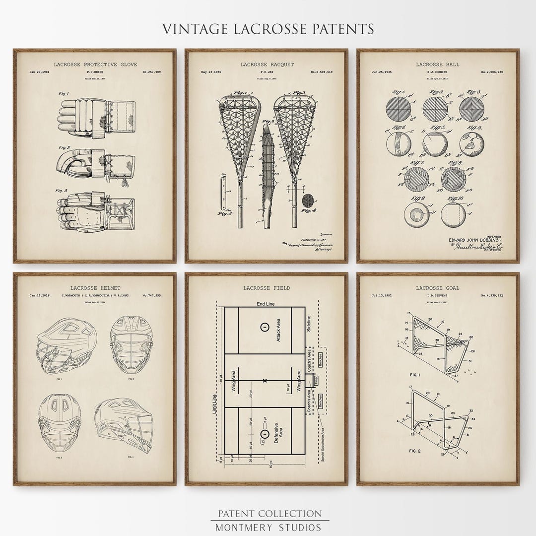 Vintage Lacrosse Patent Prints Set of 6, Lacrosse Gifts, Lacrosse Stick ...