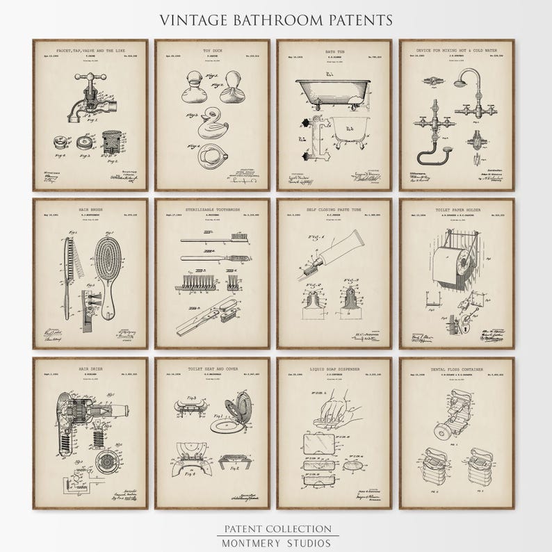Vintage Bathroom Patent Prints - Set of 12, Personal Care & Hygiene ...