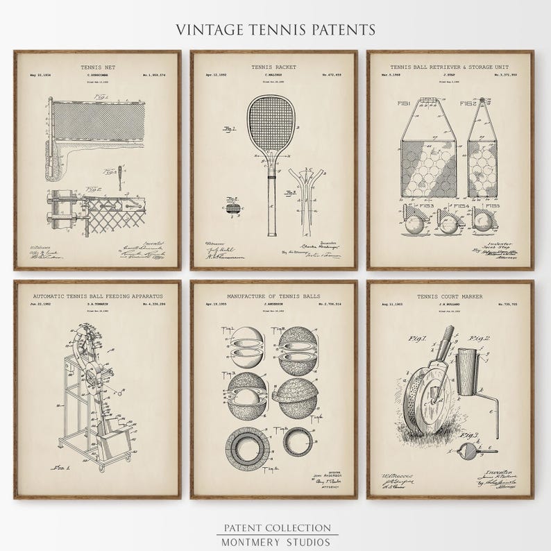 Tennis Patent Prints Set of 12, Vintage Tennis Wall Art, Tennis Racket ...