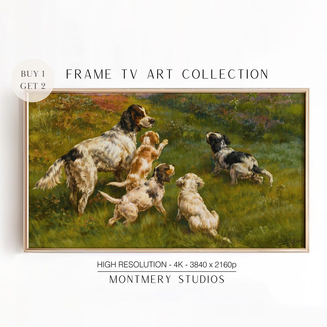 Vintage English Setter and Puppies Frame TV Art, Rustic Hunting Dogs ...