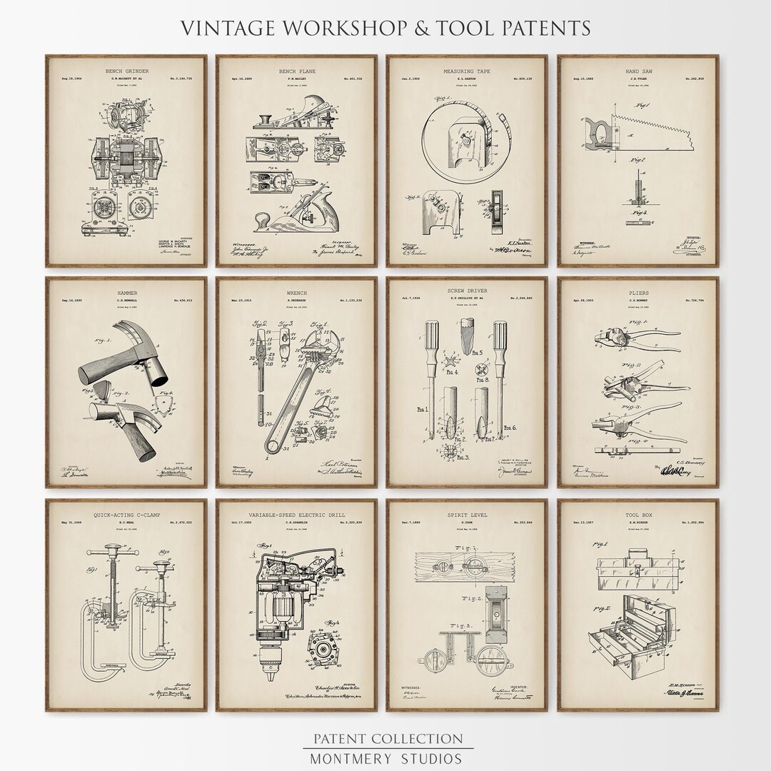 Workshop Tool Patent Prints Set, Vintage Garage Decor, Mechanic Gifts ...
