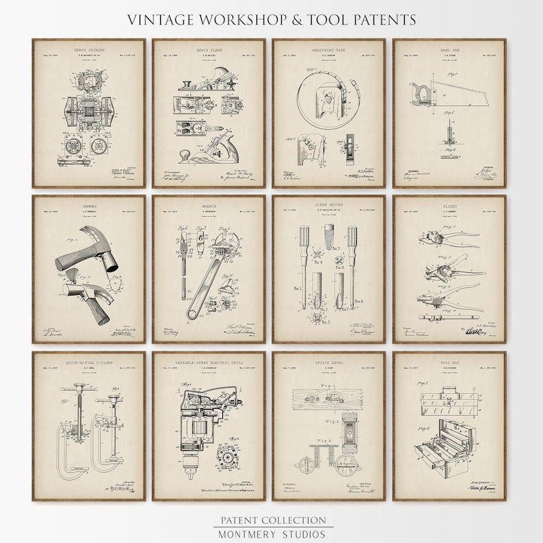 Workshop Tool Patent Prints Set, Vintage Garage Decor, Mechanic Gifts ...