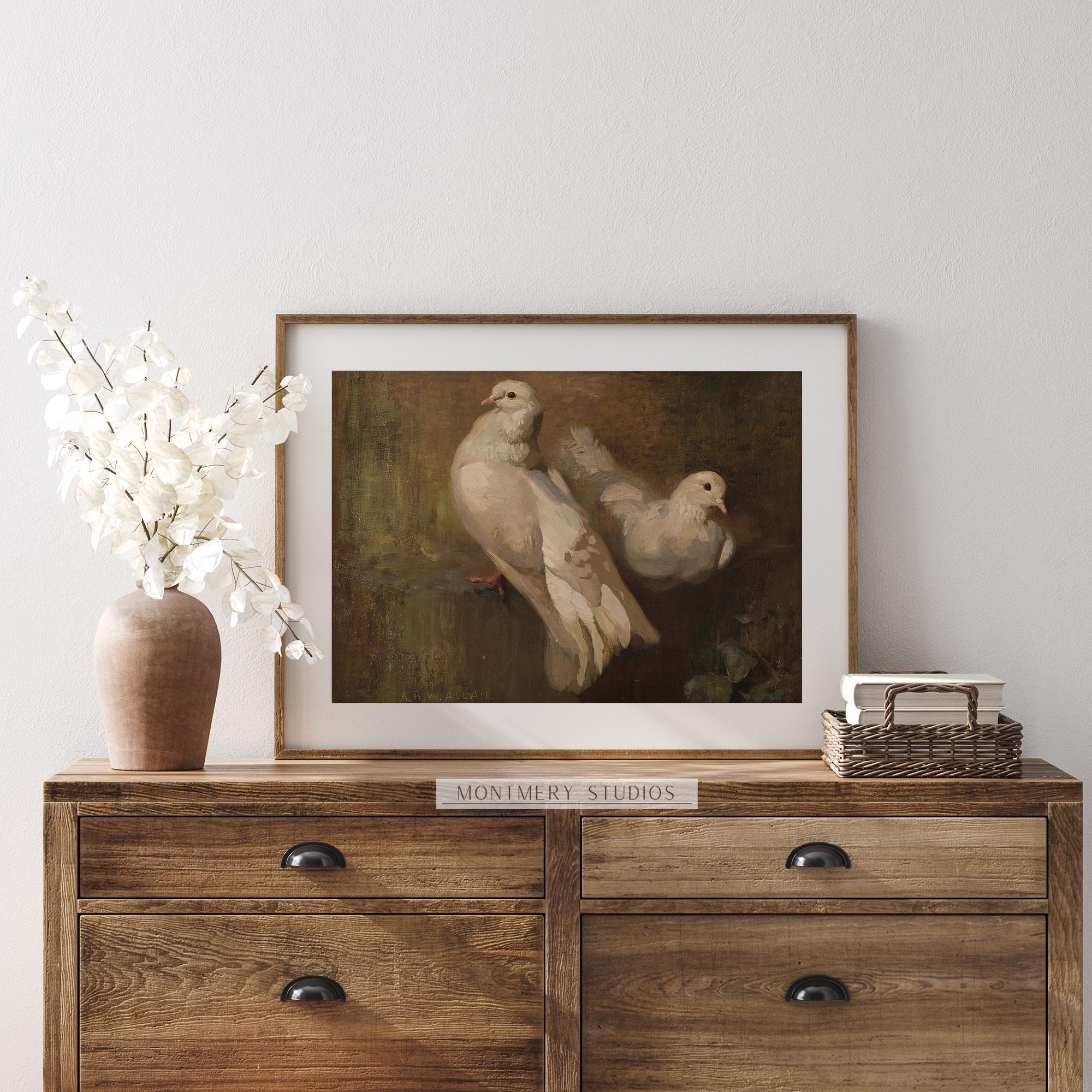 White Doves Print, Vintage Dove Artwork, Fantail Pigeons Wall Art ...