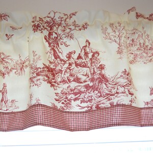 Red on Cream Toile Lined Valance With Choice Either Gingham or Ticking ...