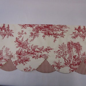 Red on Cream Toile Lined Scalloped Layered Valance With Covered Buttons ...