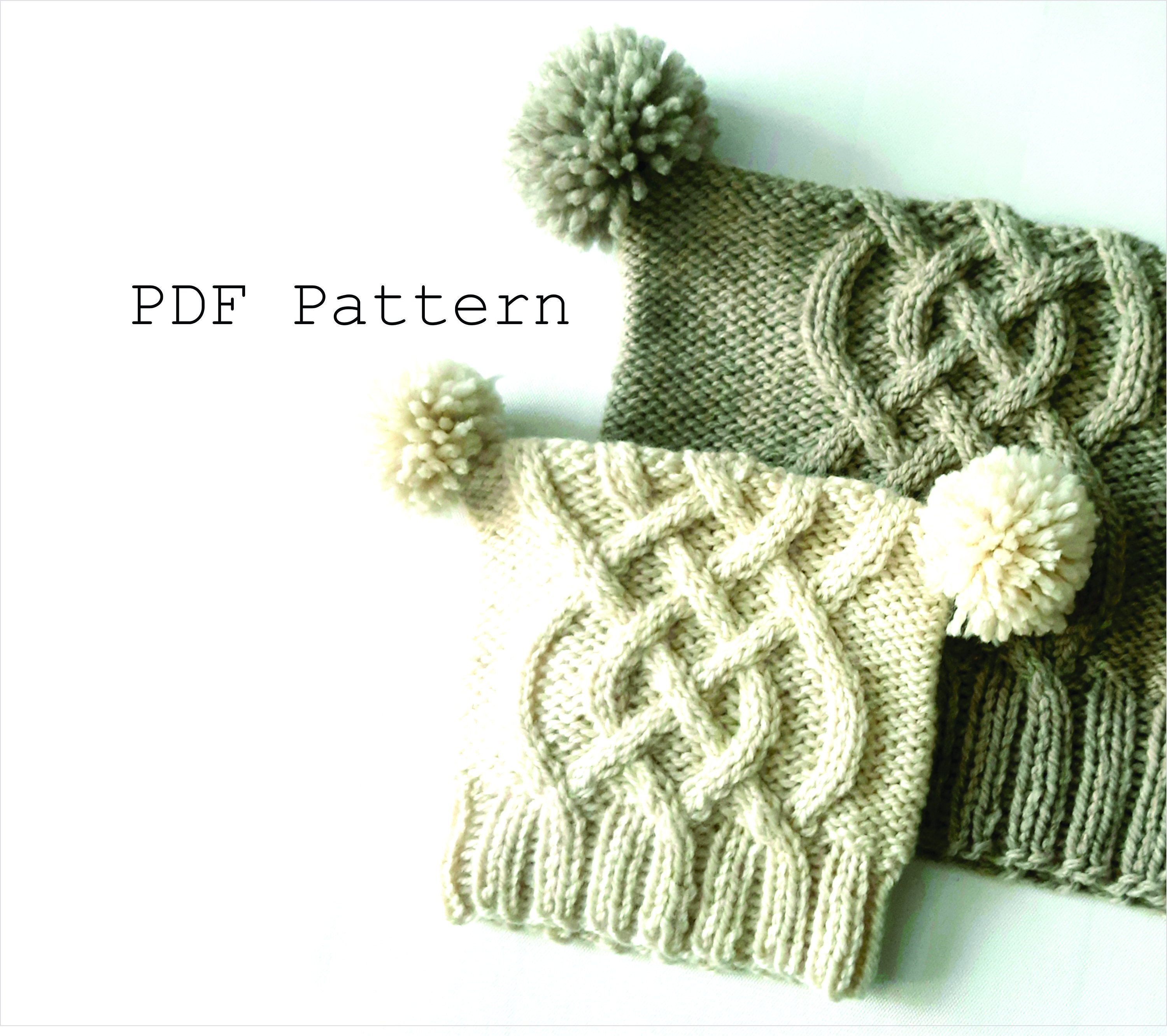 Knitting Pattern Celtic Braid Square Pompom Hat Bulky yarn | Etsy