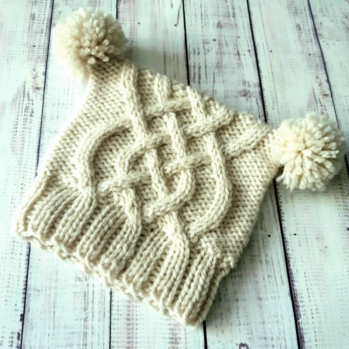 Knitting Pattern Celtic Braid Square Pompom Hat Bulky yarn | Etsy