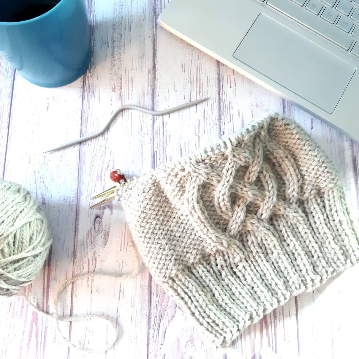 Knitting Pattern Celtic Braid Square Pompom Hat Bulky yarn | Etsy