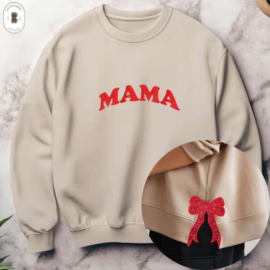 Side Bow Mama Embroidery Sweatshirt, Christmas Sweatshirt, Side Bow ...