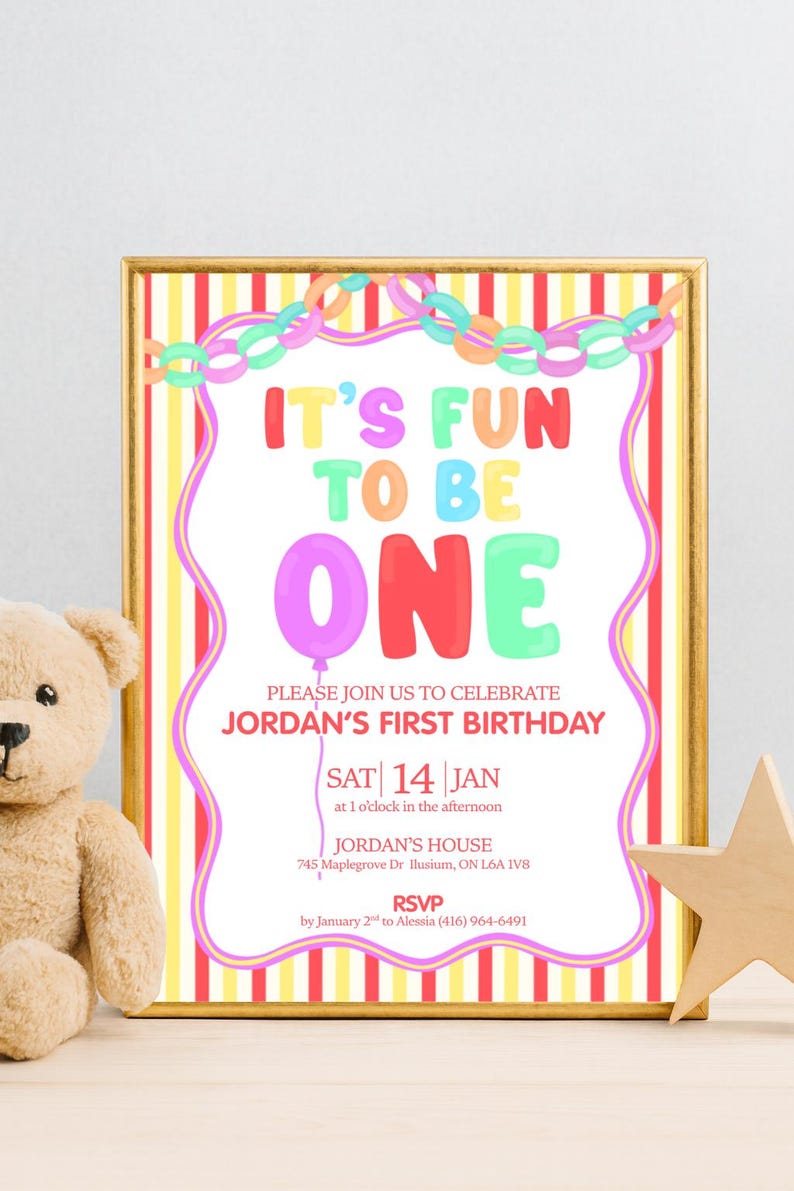 Fun to Be One Invite | Editable First Birthday Invitation Template ...