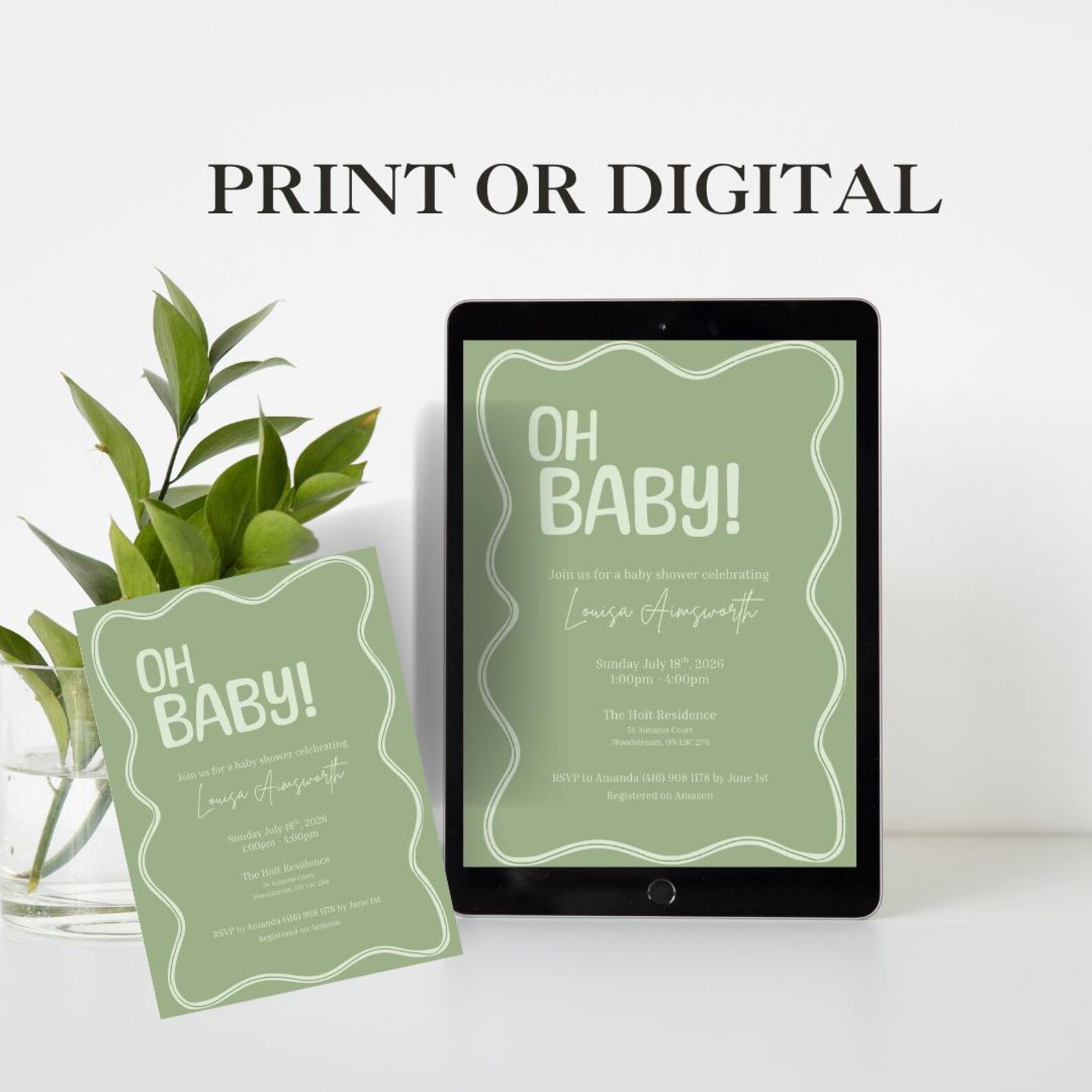Oh Baby – Sage Green Baby Shower Invitation | Printable Gender Neutral ...