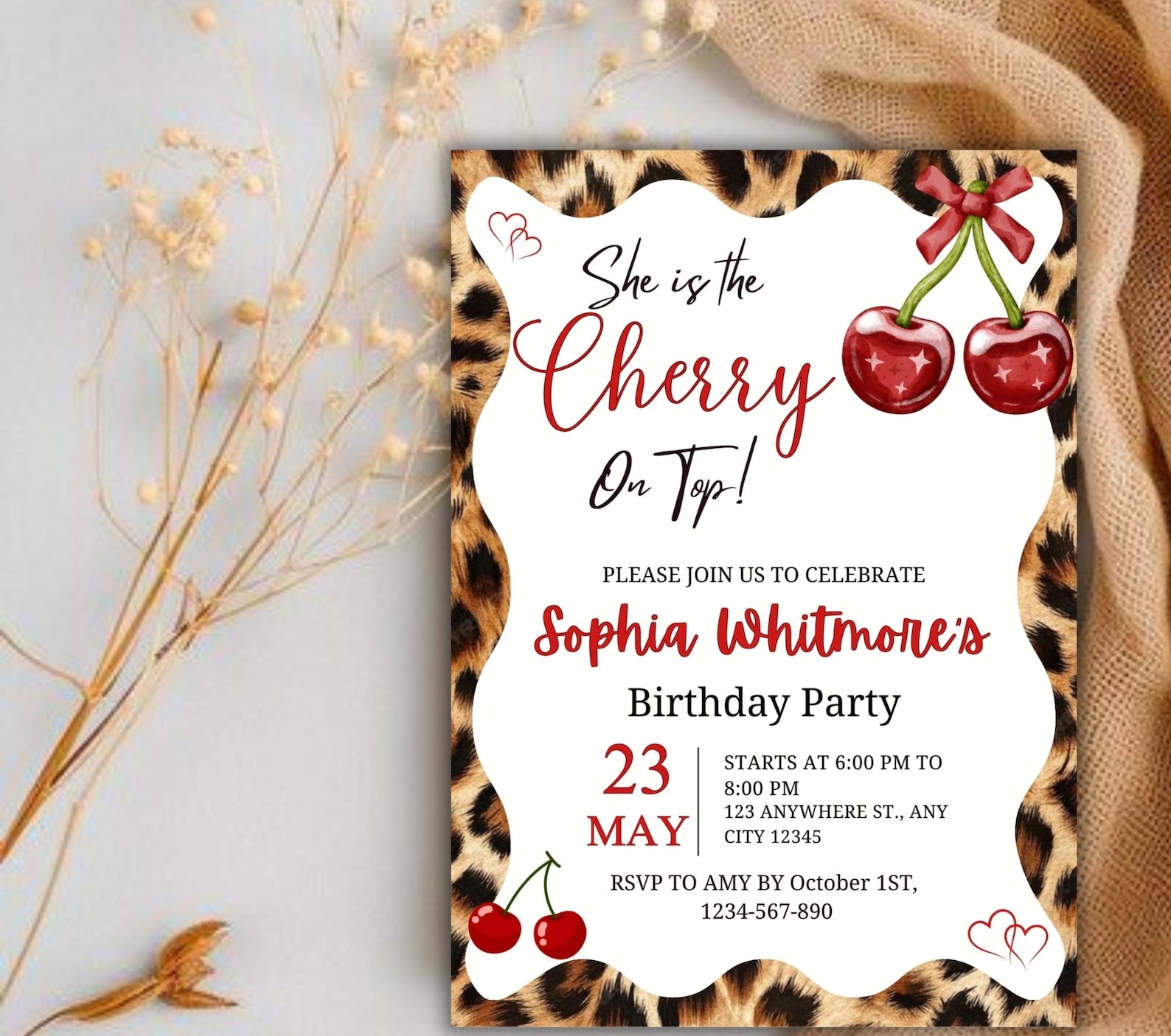 She's the Cherry on Top Leopard Birthday Invite, Editable Cheetah Print ...