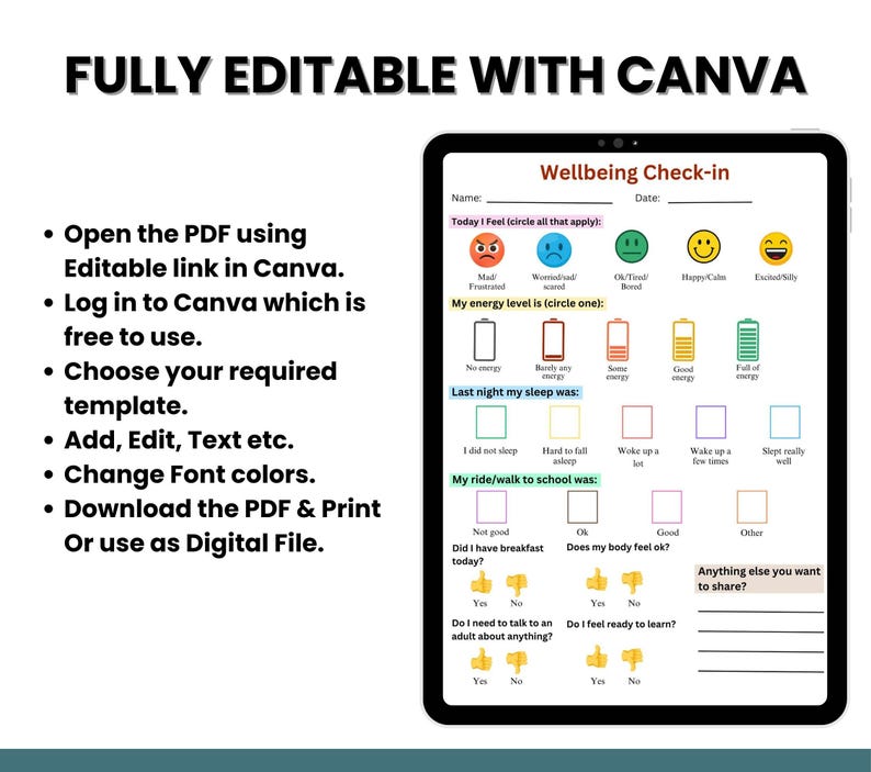 Student Wellness Check-in Printable, Daily Student Check-in, Wellbeing ...