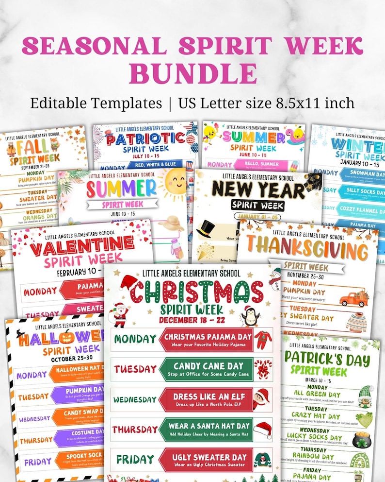 Seasonal School Spirit Week Flyer Bundle, PTA Schedule, Editable ...