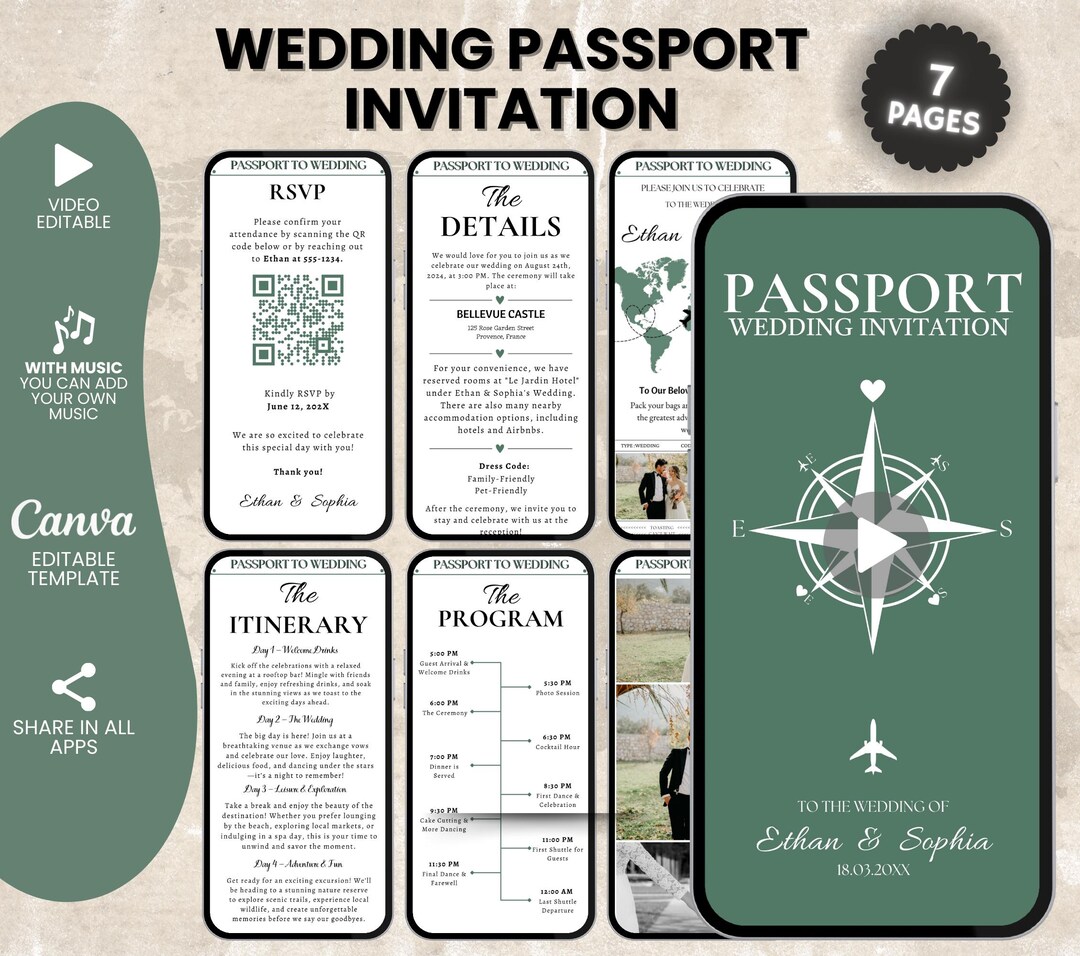 Editable Passport Wedding Invitation Template, Animated Destination Wedding Invitation Set ...