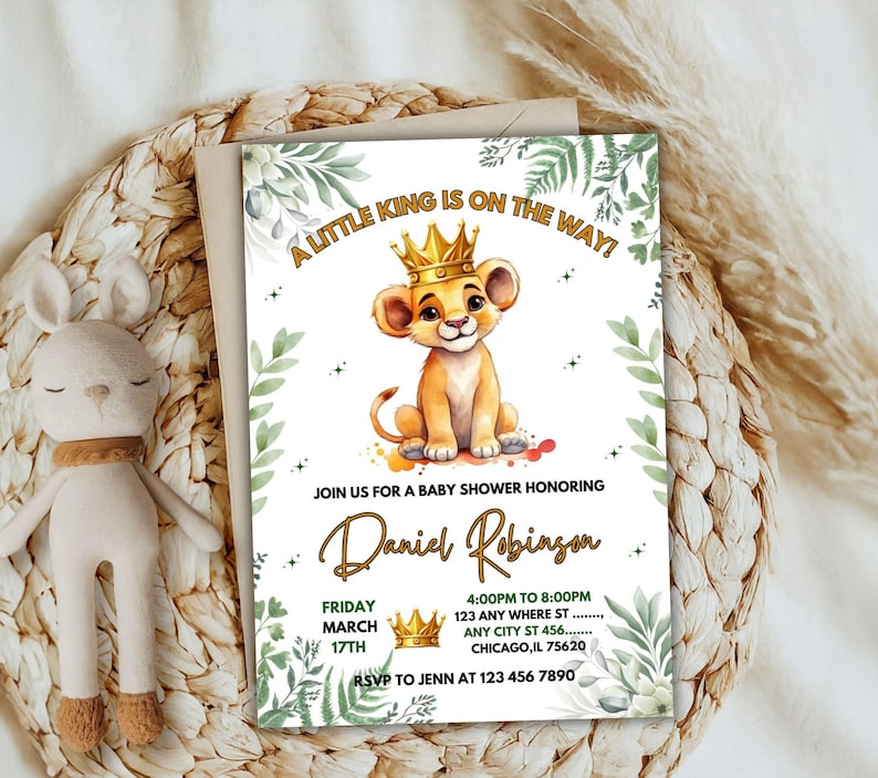 Plantilla editable de invitación para baby shower de El Rey León ...