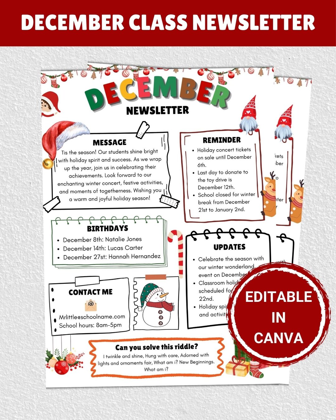 December Monthly Newsletter Template, Back to School, Weekly Classroom ...