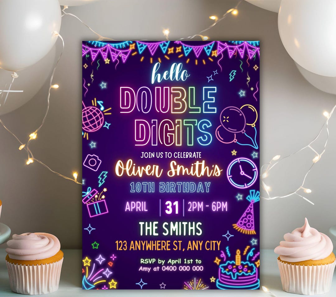 Editable Hello Double Digits 10th Birthday Party Invitation Template ...