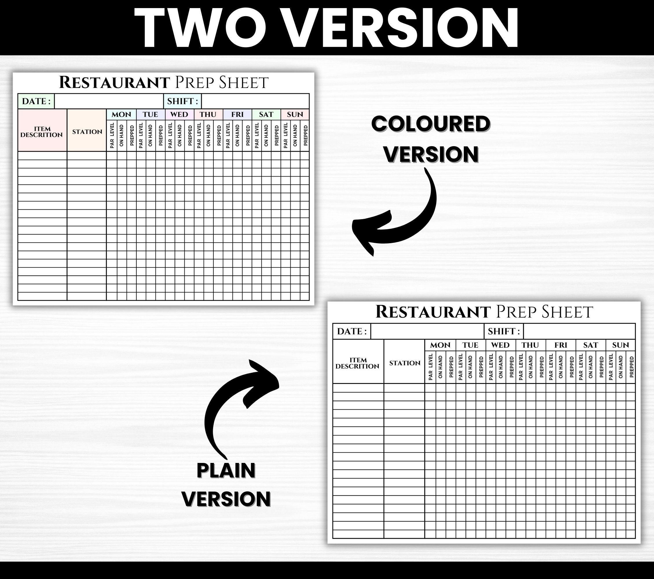 Restaurant Prep Sheet Printable, Food Prep Chart, Food Prep Sheet ...