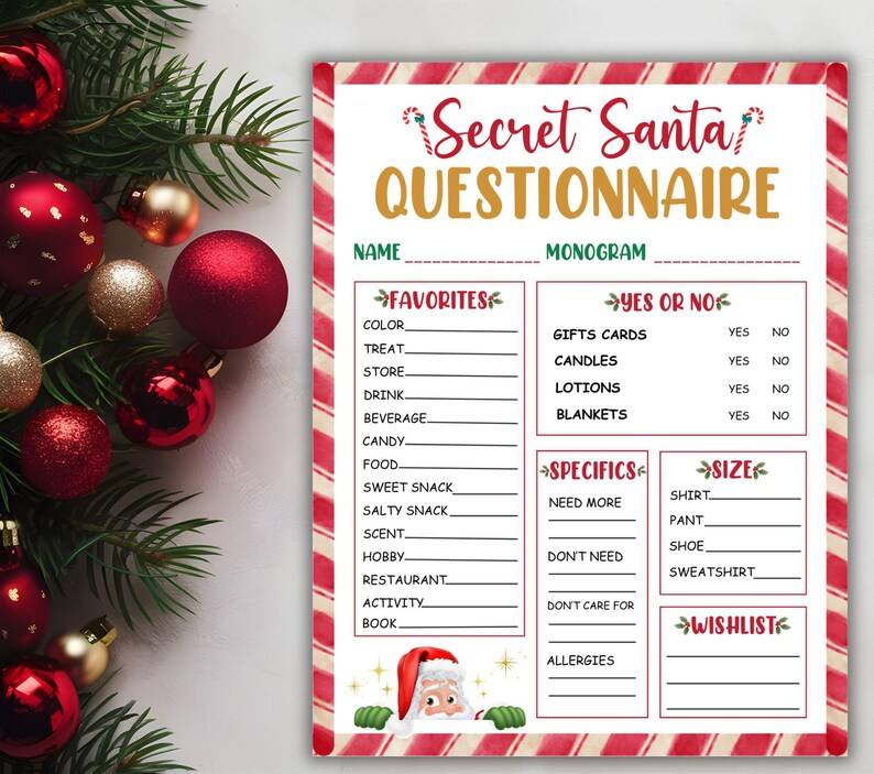 Secret Santa Survey Printable, Secret Santa Questionnaire, Secret Gift ...
