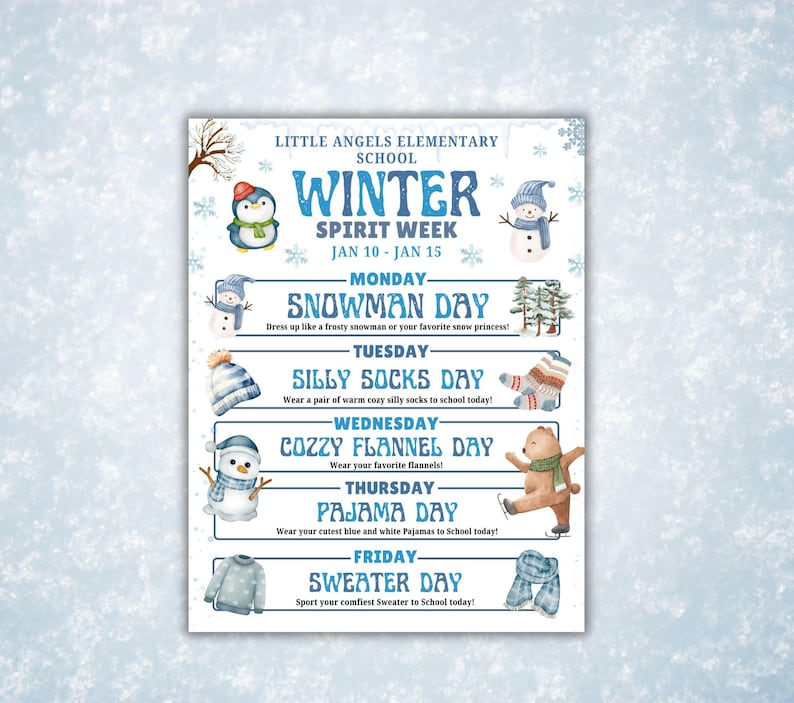 Winter School Spirit Week Flyer Editable, Winter Itinerary Schedule ...