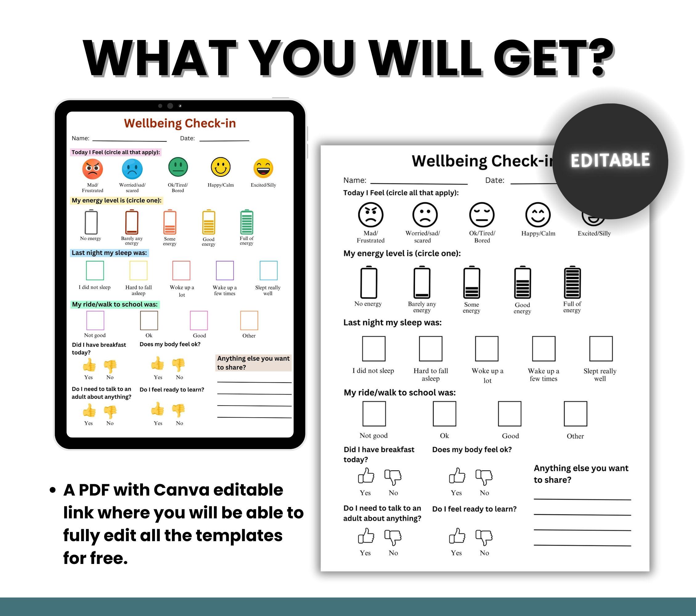 Student Wellness Check-in Printable, Daily Student Check-in, Wellbeing ...
