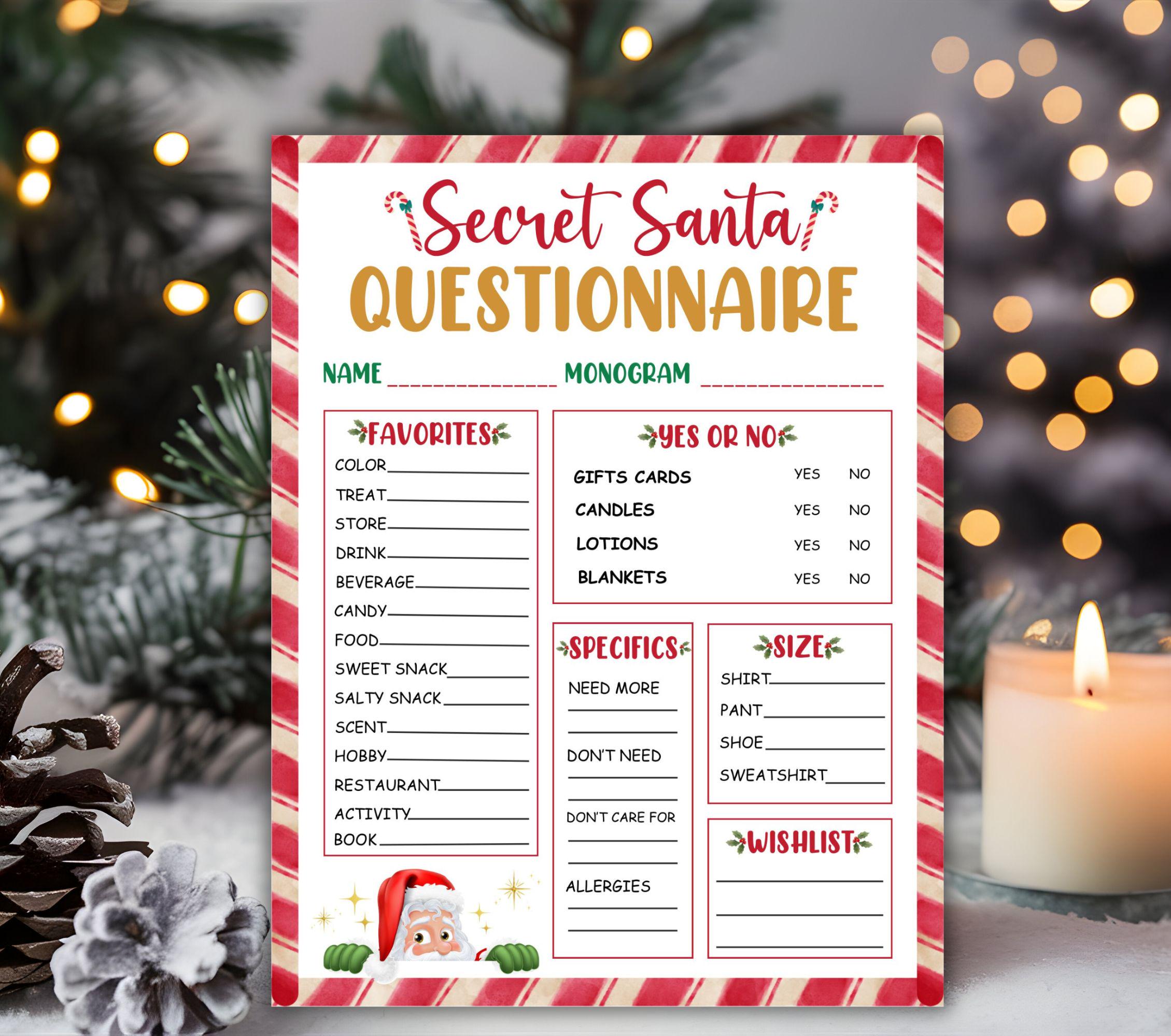 Secret Santa Survey Printable, Secret Santa Questionnaire, Secret Gift ...