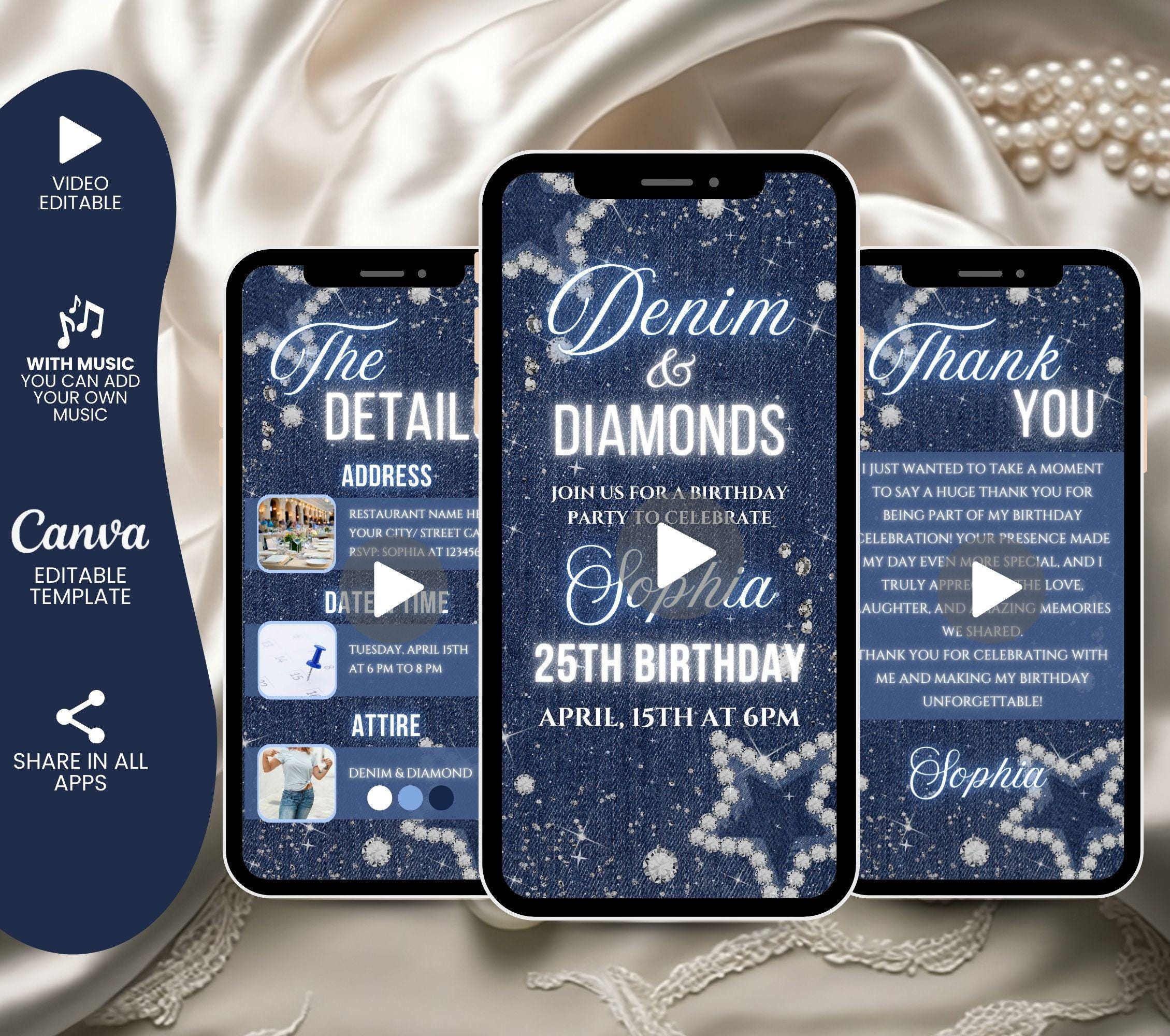 Animated Denim and Diamonds Party Invitation Template, Editable Denim ...
