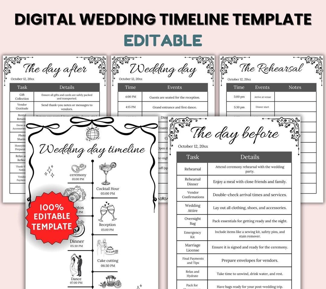 Editable Wedding Timeline Template Bundle, Wedding Planner Template ...