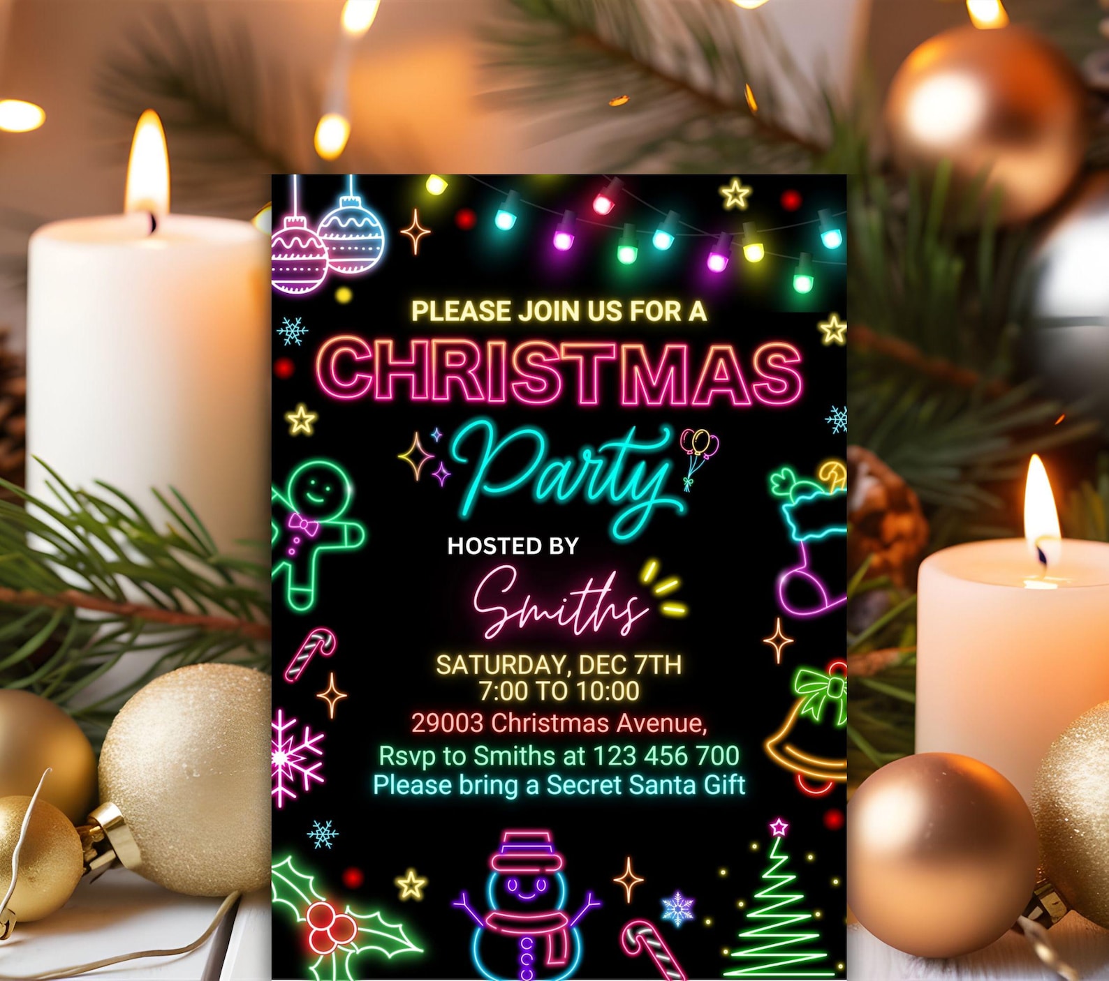 Editable Neon Christmas Party Invitation Template, Glow in the Dark ...